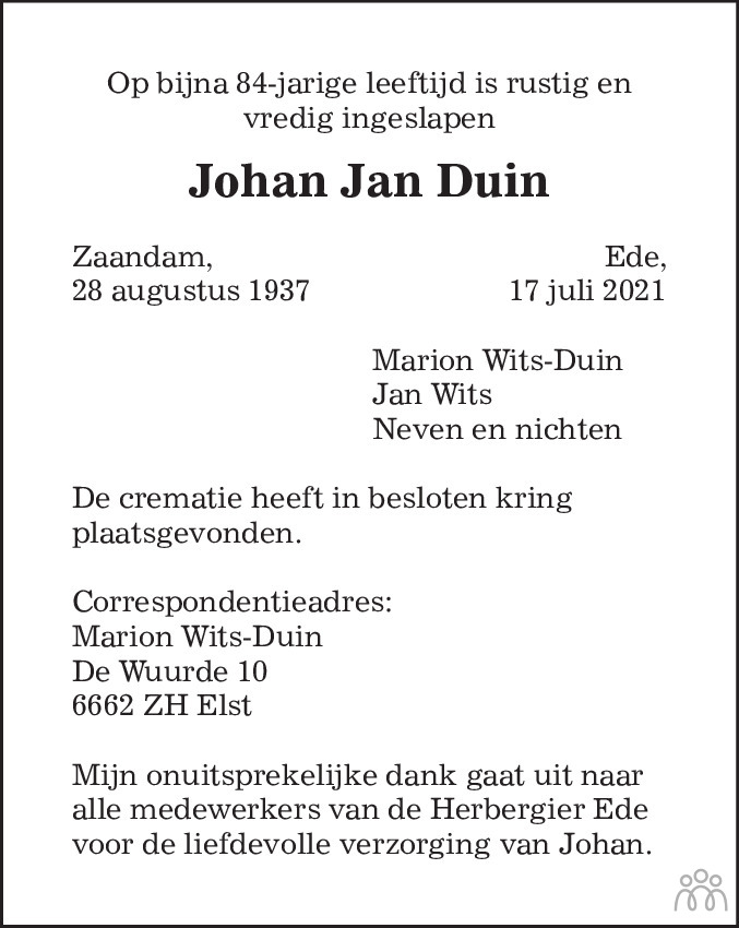 Johan Jan Duin 17-07-2021 overlijdensbericht en condoleances ...