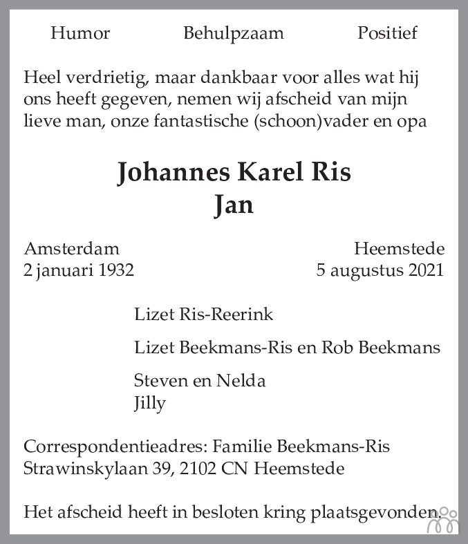 Johannes Karel (Jan) Ris 05-08-2021 overlijdensbericht en condoleances ...