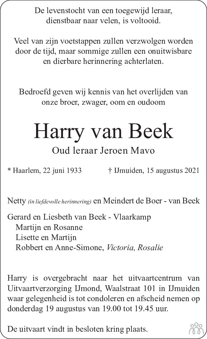 Harry van Beek 15-08-2021 overlijdensbericht en condoleances ...