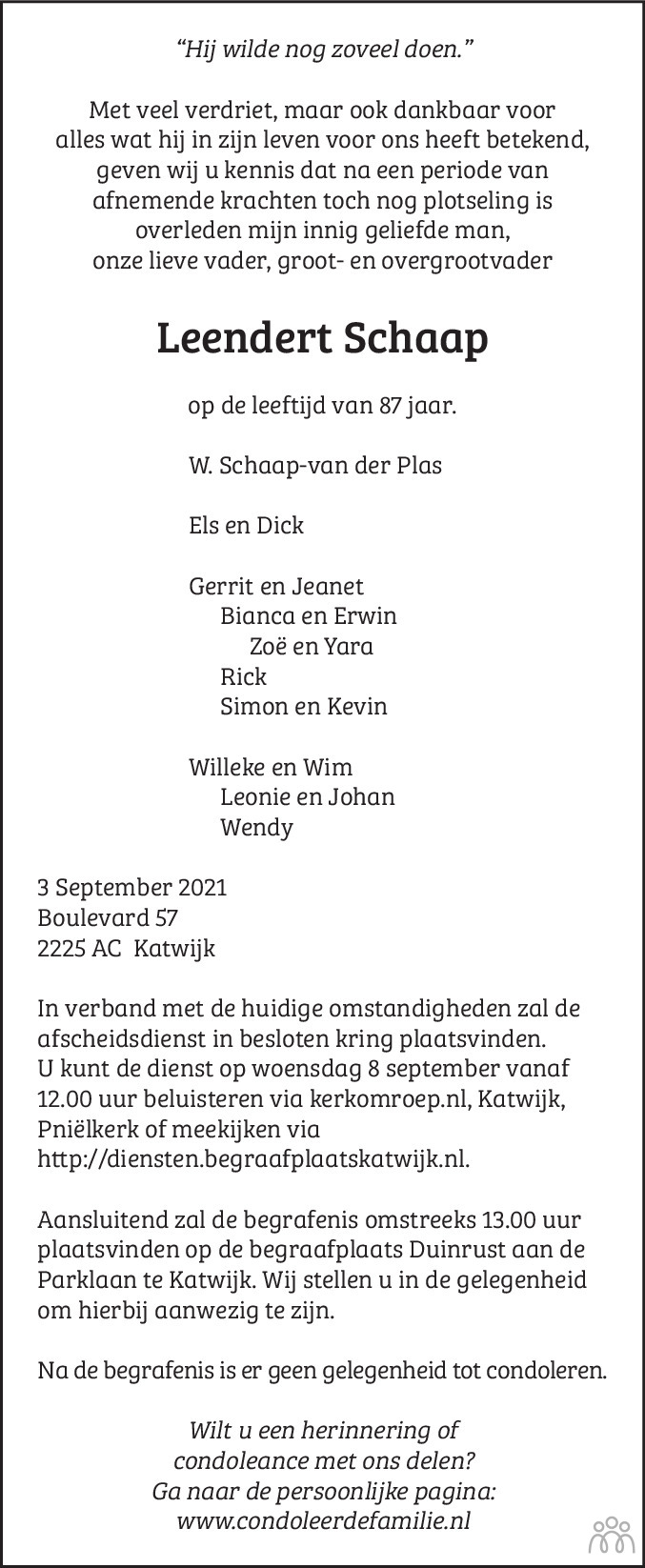 Leendert Schaap 03-09-2021 overlijdensbericht en condoleances ...
