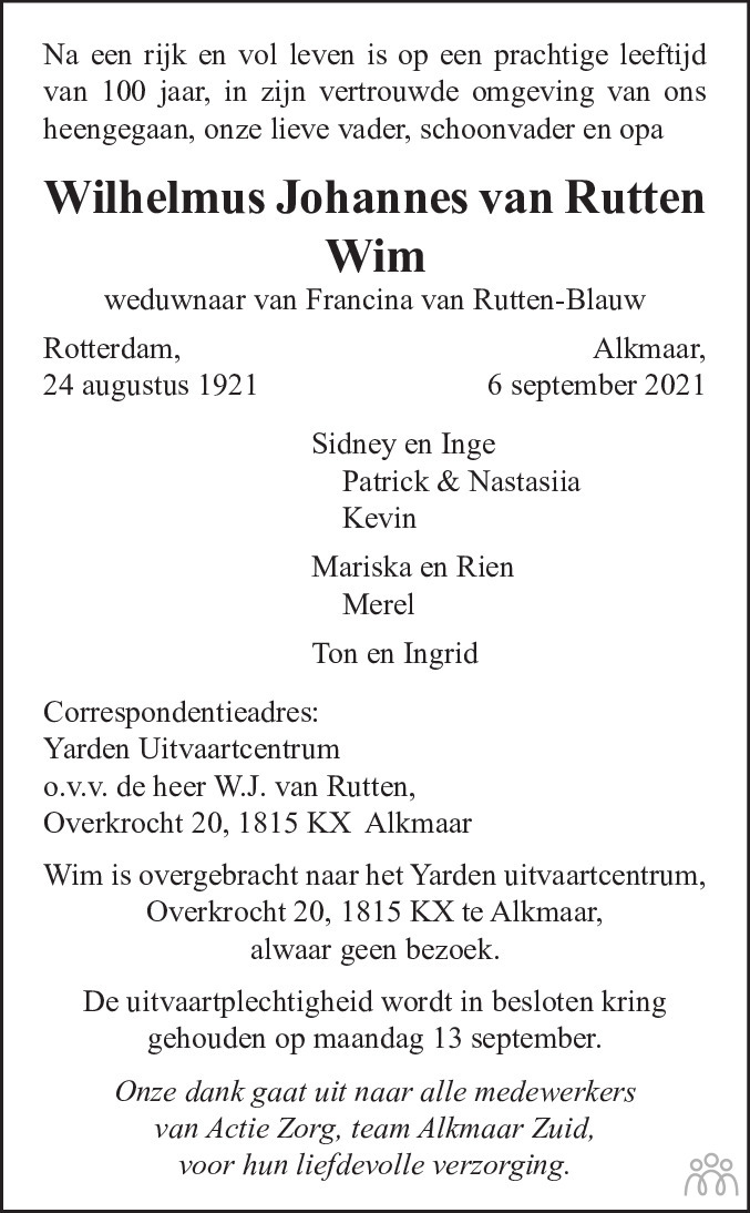 Wilhelmus Johannes (Wim) van Rutten 06-09-2021 overlijdensbericht en ...