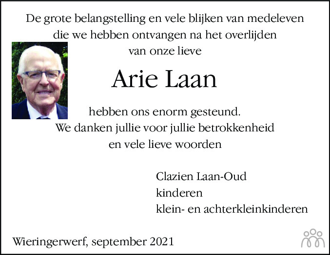 Arie (Adrianus Petrus) Laan 04-07-2021 overlijdensbericht en ...