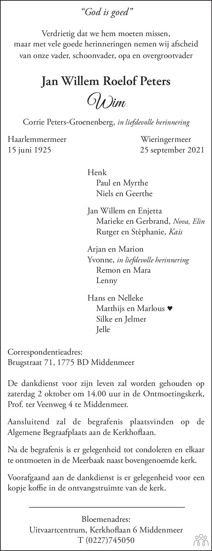 Jan Willem Roelof (Wim) Peters 25-09-2021 overlijdensbericht en condoleances - Mensenlinq.nl