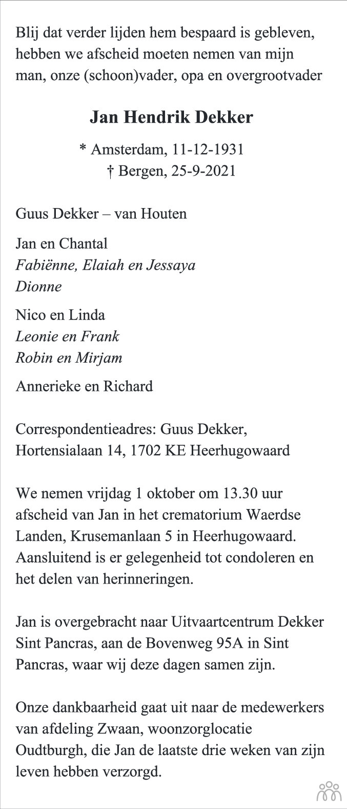 Jan Hendrik Dekker 25-09-2021 overlijdensbericht en condoleances ...