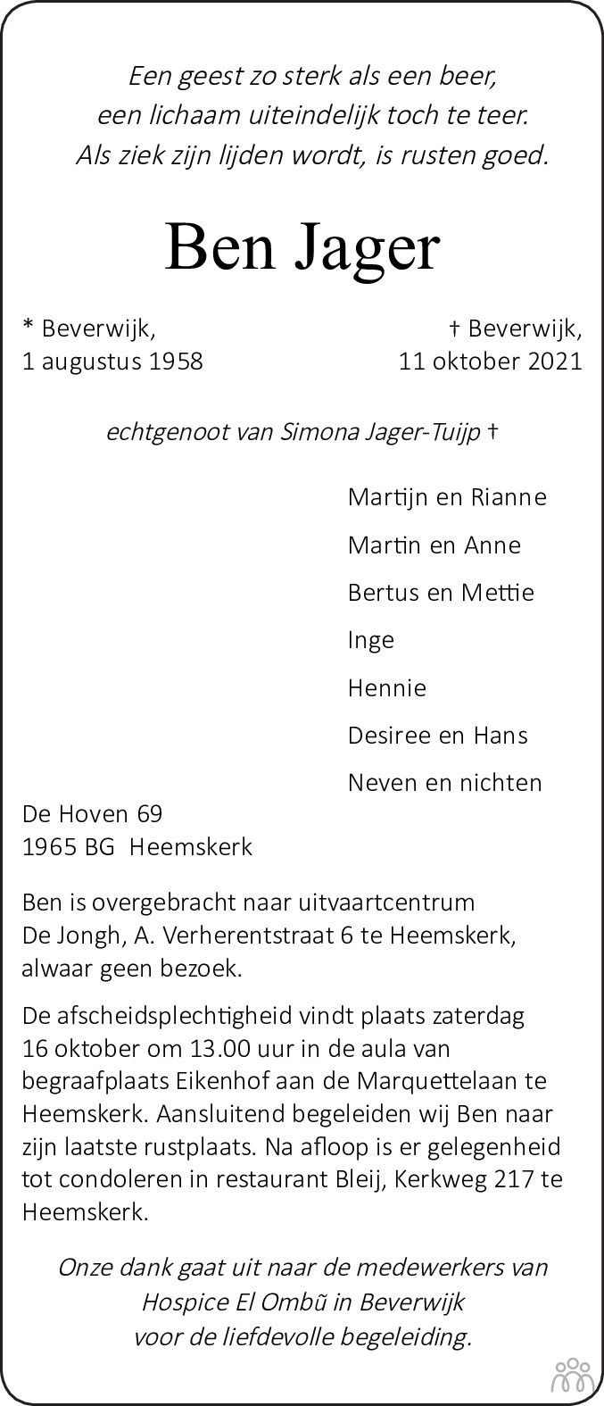 Ben Jager 11-10-2021 overlijdensbericht en condoleances - Mensenlinq.nl
