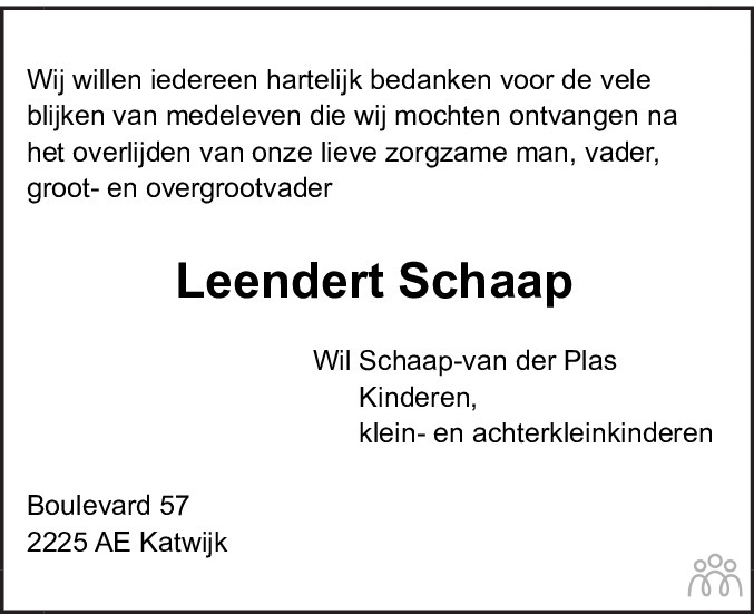 Leendert Schaap 03-09-2021 overlijdensbericht en condoleances ...