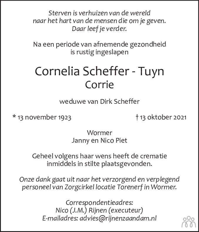 Cornelia (Corrie) Scheffer-Tuin 13-10-2021 overlijdensbericht en ...
