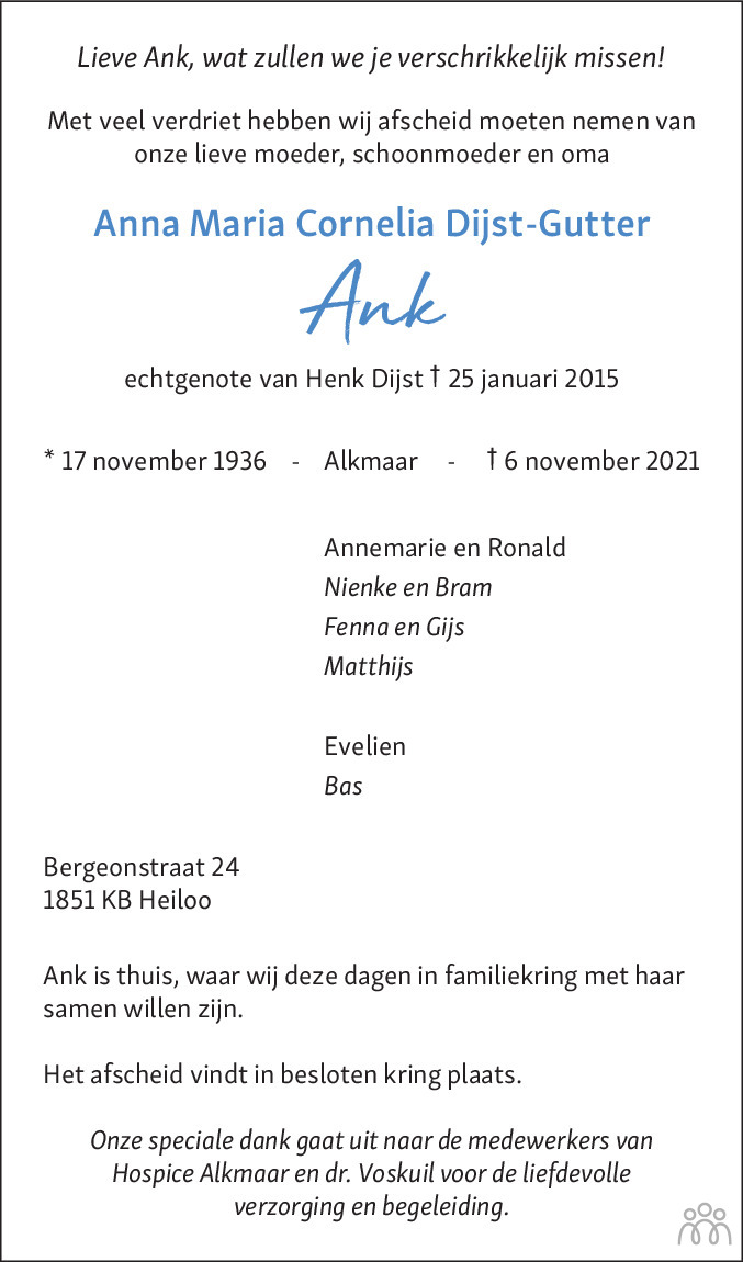Anna Maria Cornelia (Ank) Dijst-Gutter 06-11-2021 overlijdensbericht en ...