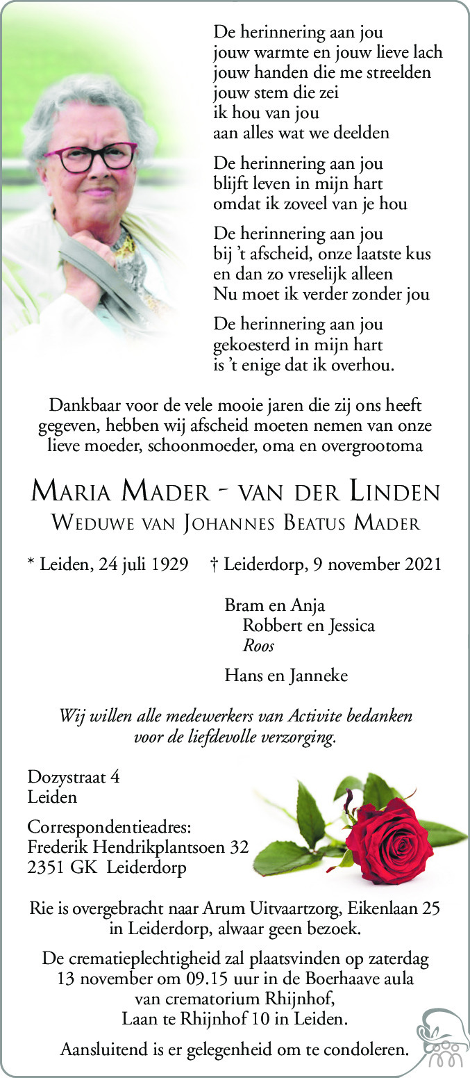 Maria Mader-van der Linden 09-11-2021 overlijdensbericht en ...