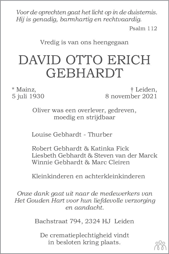 David Otto Erich Gebhardt 08-11-2021 overlijdensbericht en condoleances ...