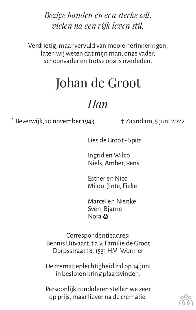 Johan (Han) de Groot 05-06-2022 overlijdensbericht en condoleances ...
