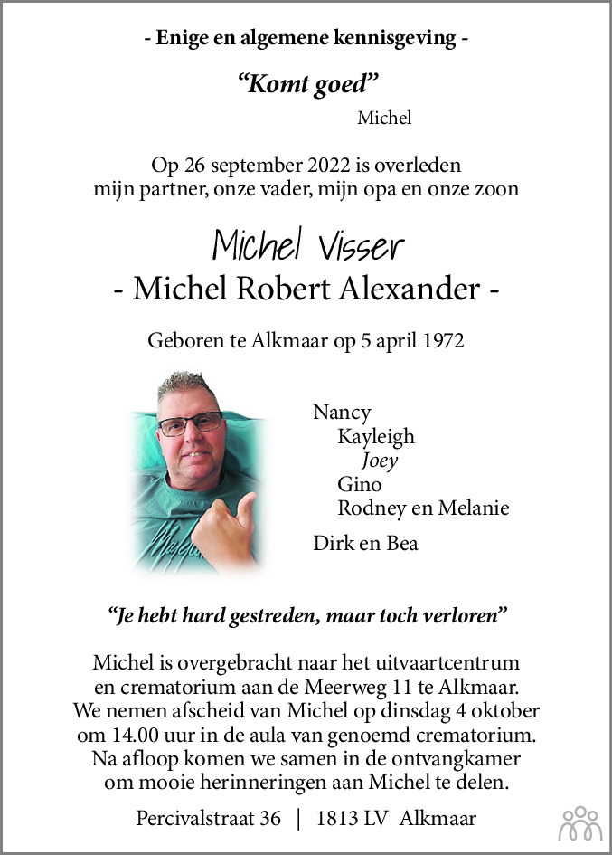 Michel (Michel Robert Alexander) Visser 26-09-2022 overlijdensbericht ...