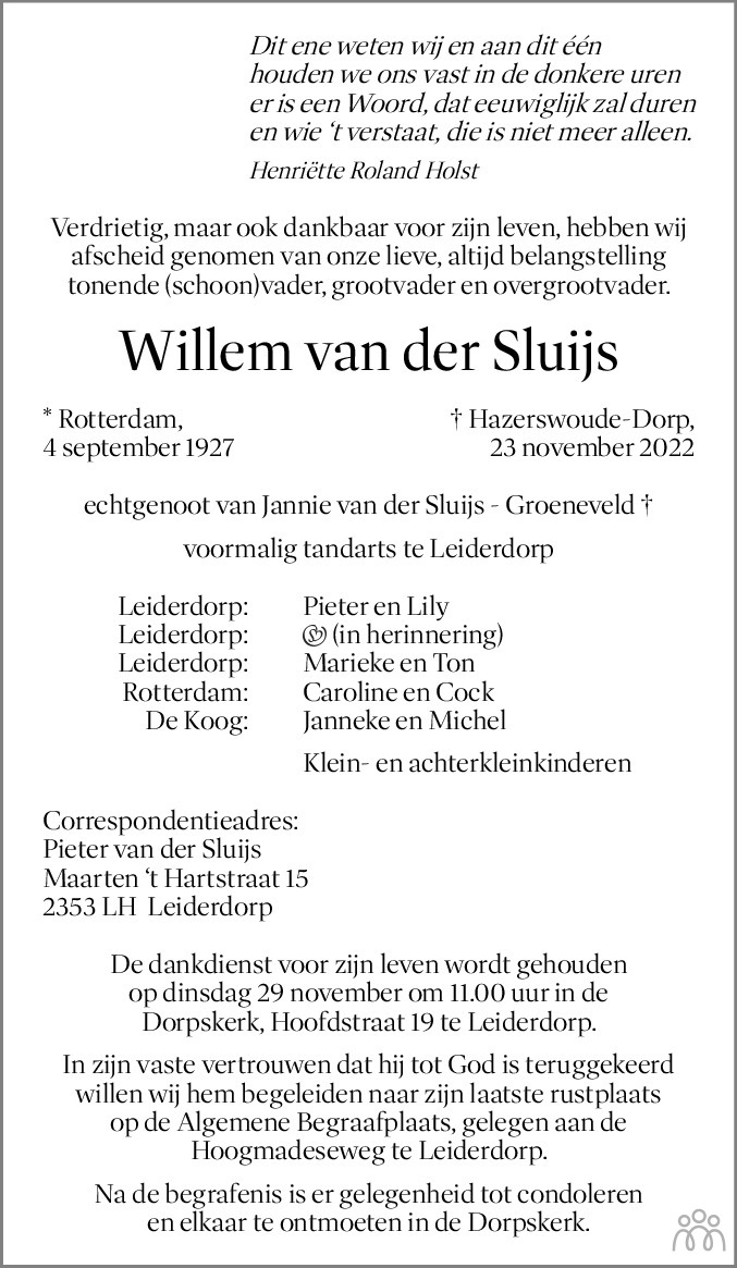 Willem van der Sluijs 23-11-2022 overlijdensbericht en condoleances ...