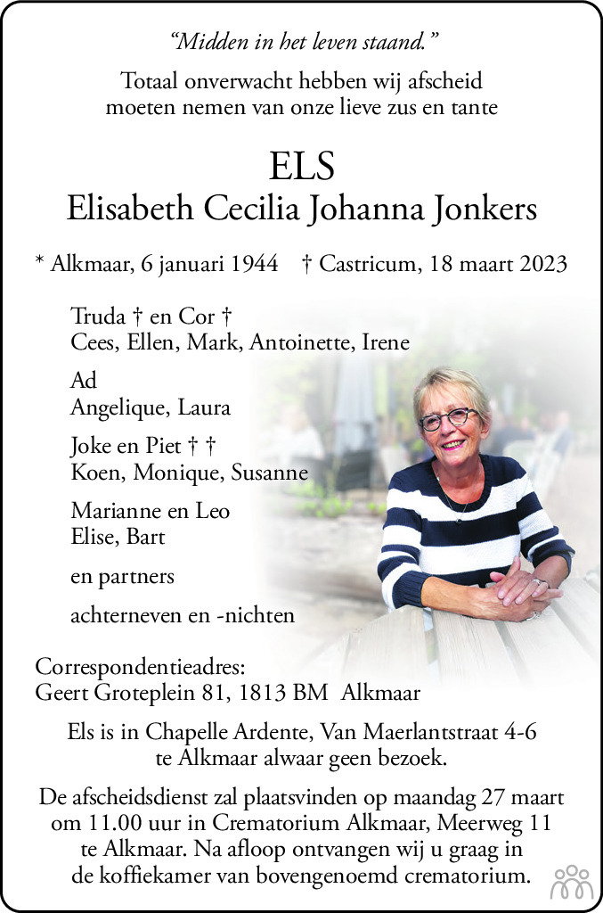 Elisabeth Cecilia Johanna (Els) Jonkers 18-03-2023 overlijdensbericht ...