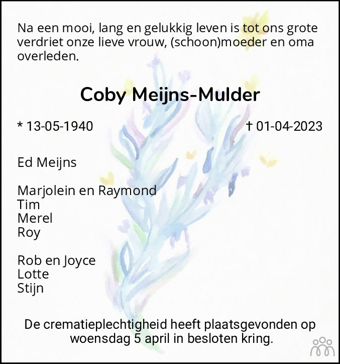 Coby Meijns-Mulder 01-04-2023 overlijdensbericht en condoleances ...