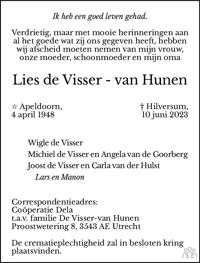 Lies de Visser-van Hunen 10-06-2023 overlijdensbericht en condoleances ...
