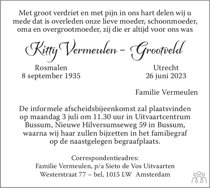 Kitty Vermeulen-Grootveld 26-06-2023 overlijdensbericht en condoleances ...