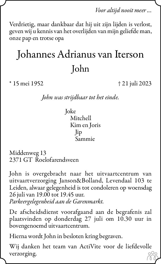 Johannes Adrianus (John) van Iterson 21-07-2023 overlijdensbericht en ...