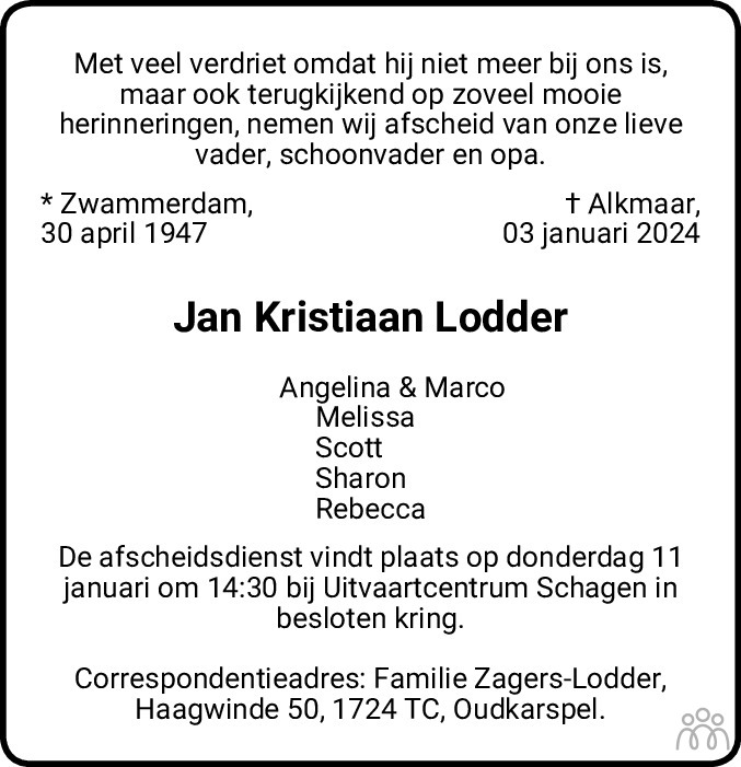 Jan Kristiaan Lodder 03-01-2024 overlijdensbericht en condoleances ...