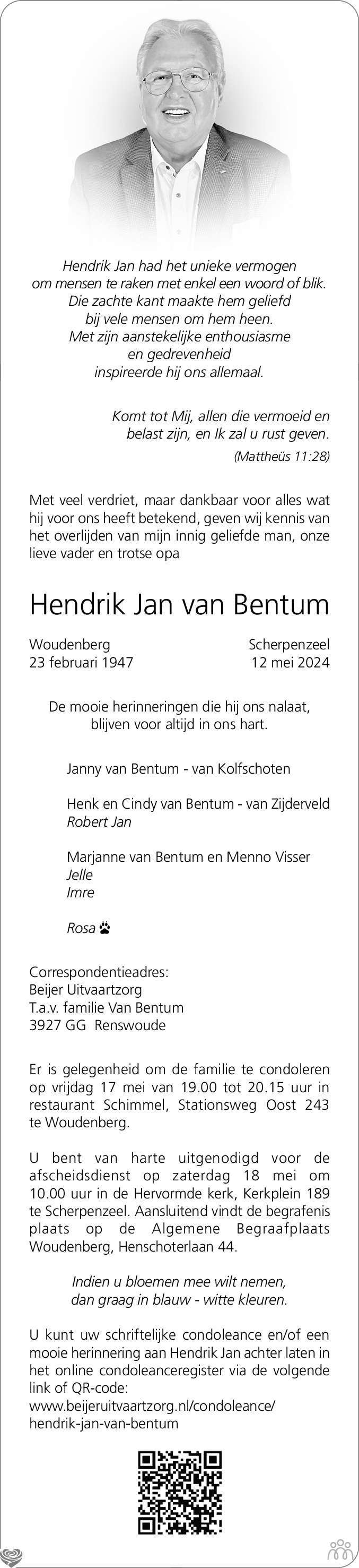 Hendrik Jan van Bentum 12-05-2024 overlijdensbericht en condoleances ...