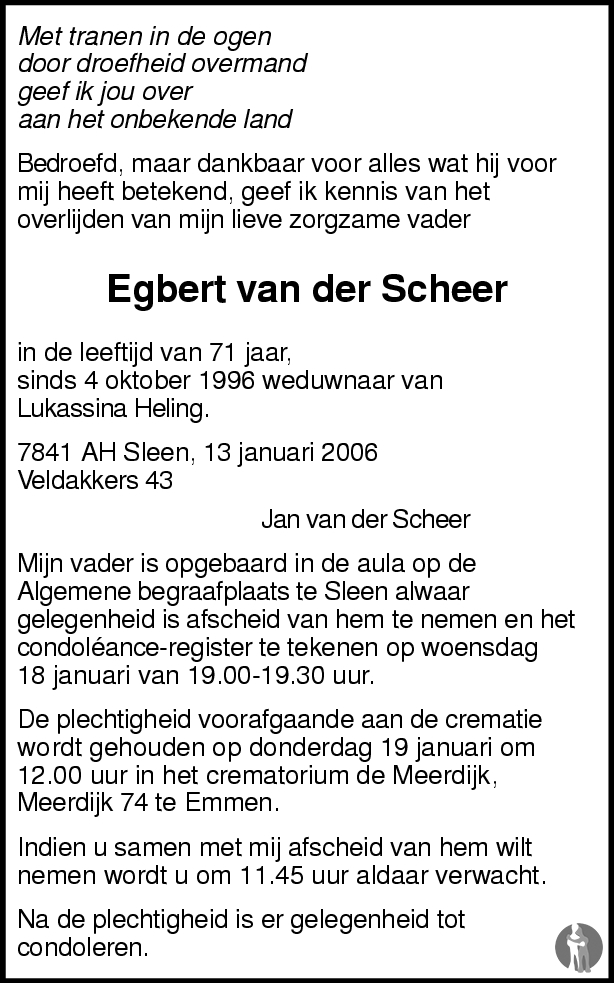 Egbert van der Scheer 13-01-2006 overlijdensbericht en condoleances ...