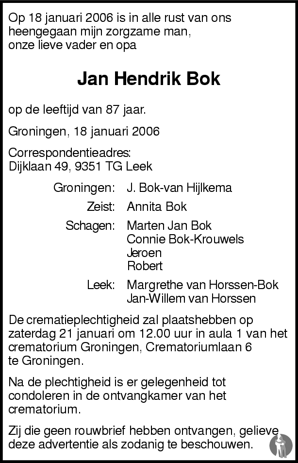 Jan Hendrik Bok 18-01-2006 overlijdensbericht en condoleances ...