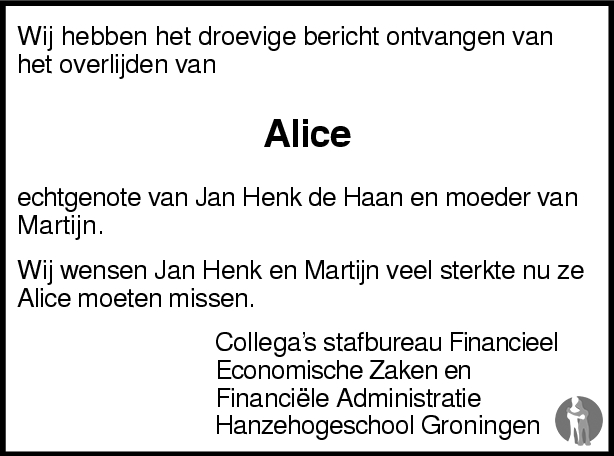 Alice de Haan - Kooi 17-01-2006 overlijdensbericht en condoleances ...