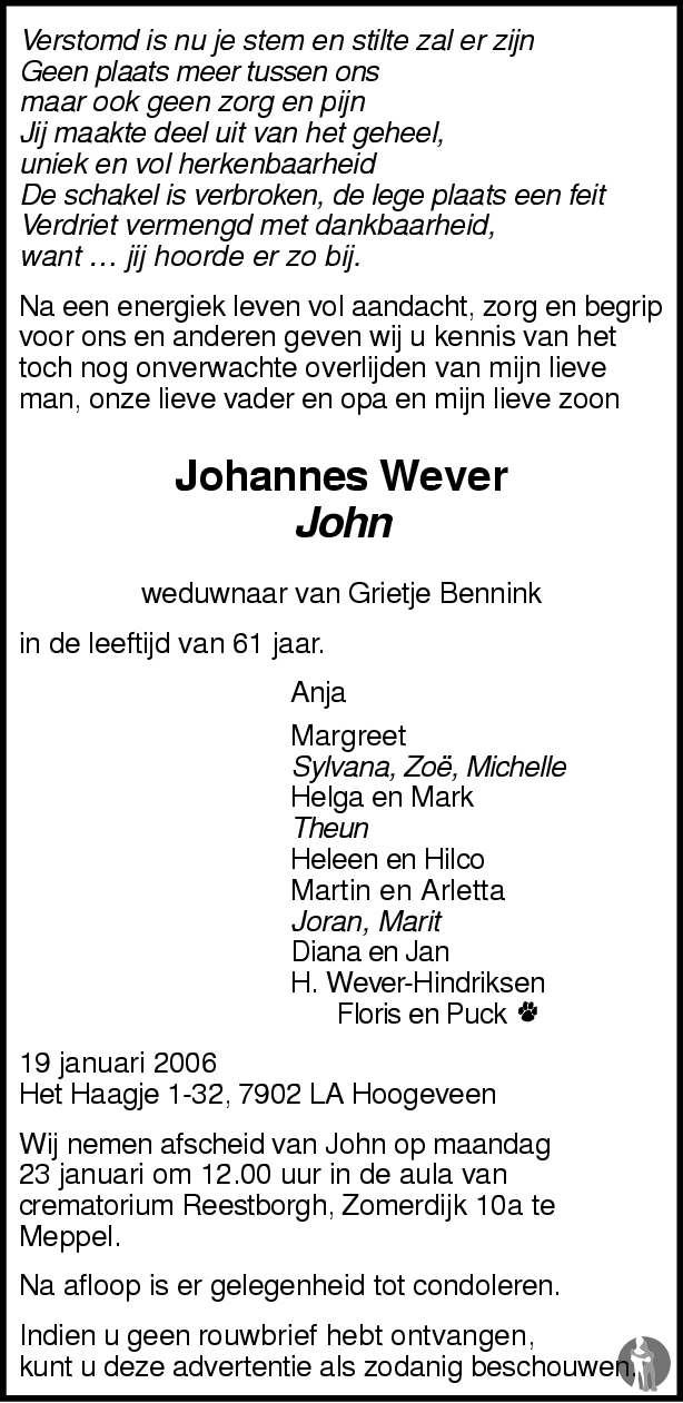 Johannes (John) Wever 19-01-2006 overlijdensbericht en condoleances ...