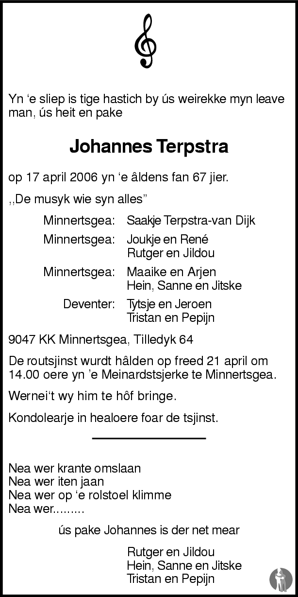 Johannes Terpstra 17-04-2006 overlijdensbericht en condoleances ...
