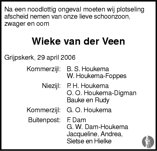 Wiggele van der Veen 29-04-2006 overlijdensbericht en condoleances - Mensenlinq.nl