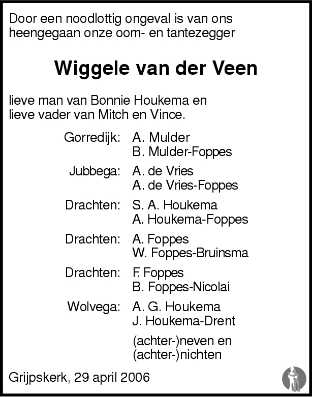 Wiggele van der Veen 29-04-2006 overlijdensbericht en condoleances - Mensenlinq.nl