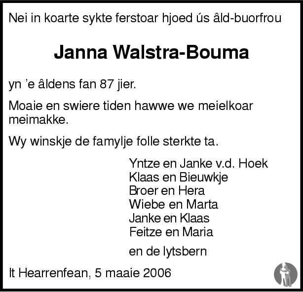Janna Walstra - Bouma 05-05-2006 overlijdensbericht en condoleances ...