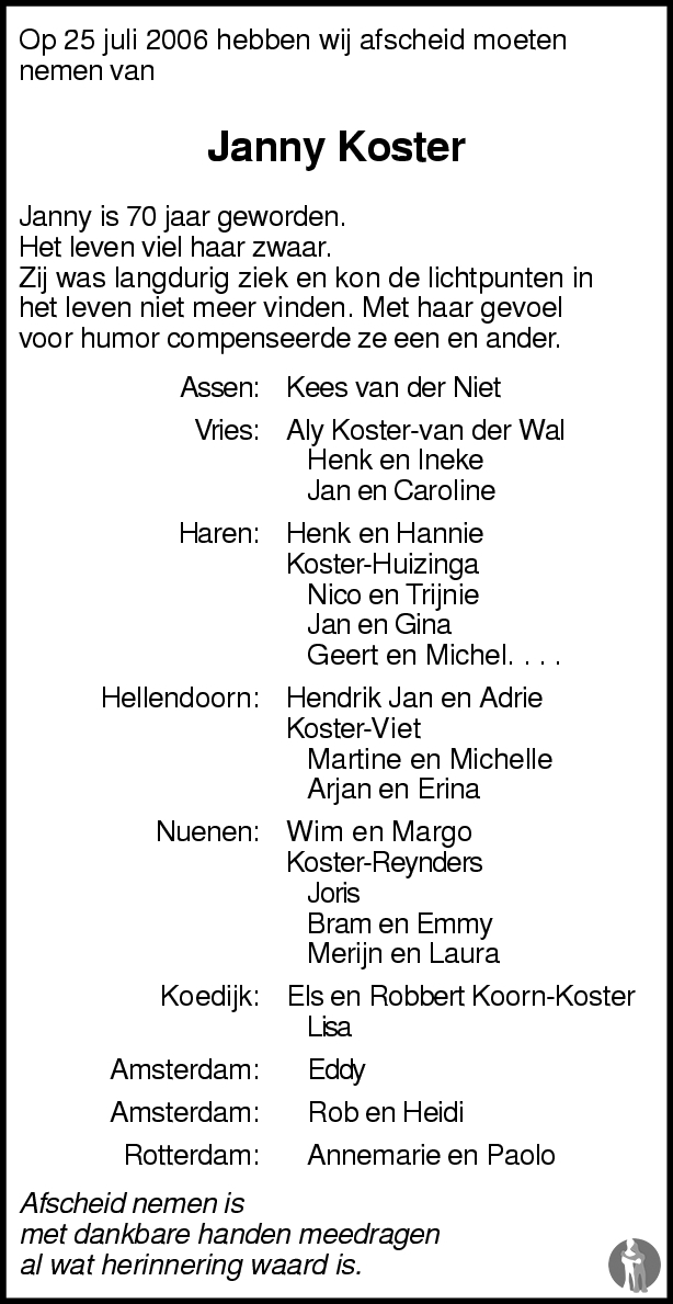 Jantje (Janny) Koster 25-07-2006 overlijdensbericht en condoleances ...