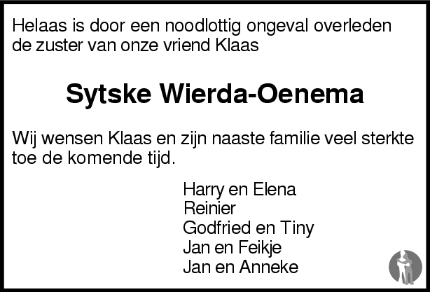 Sytske Wierda - Oenema 11-08-2006 overlijdensbericht en condoleances ...