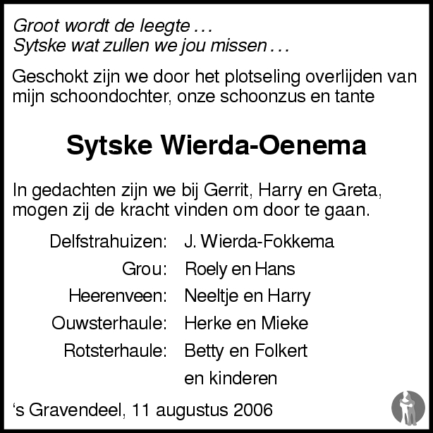 Sytske Wierda - Oenema 11-08-2006 overlijdensbericht en condoleances ...