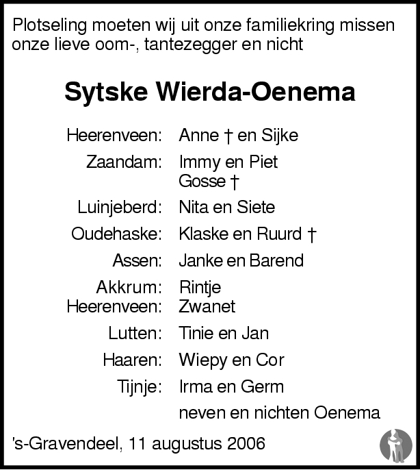 Sytske Wierda - Oenema 11-08-2006 overlijdensbericht en condoleances ...