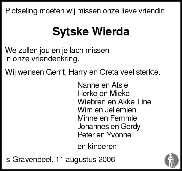 Sytske Wierda - Oenema 11-08-2006 overlijdensbericht en condoleances ...
