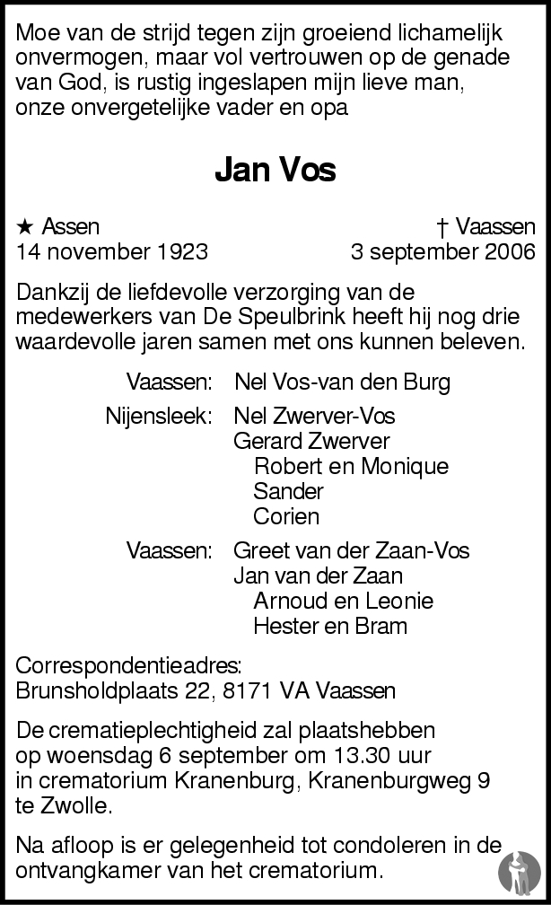Jan Vos 03-09-2006 overlijdensbericht en condoleances - Mensenlinq.nl