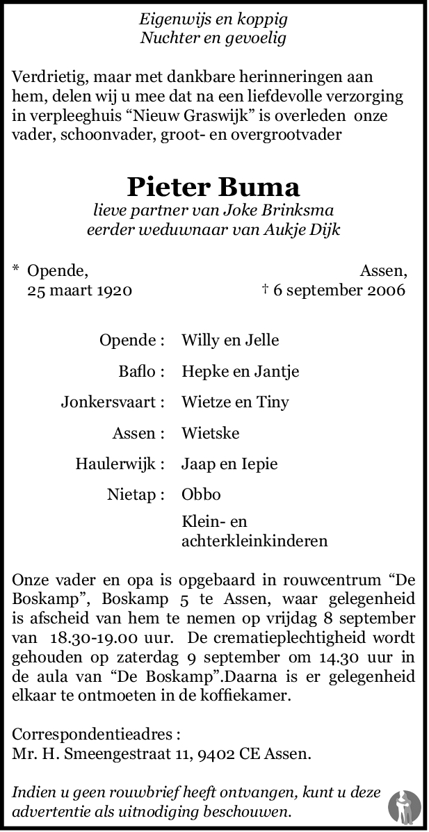 Pieter Buma 06-09-2006 overlijdensbericht en condoleances - Mensenlinq.nl