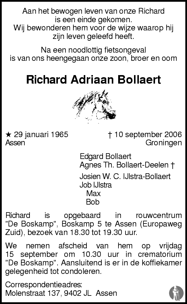 Richard Adriaan Bollaert 10-09-2006 overlijdensbericht en condoleances ...