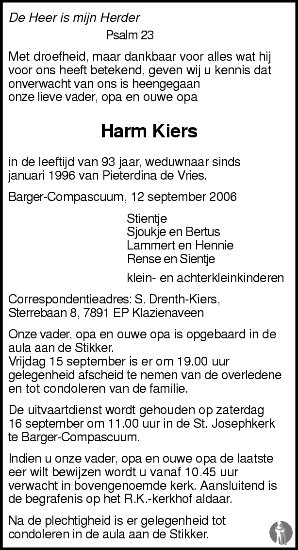 Harm Kiers 12-09-2006 overlijdensbericht en condoleances - Mensenlinq.nl
