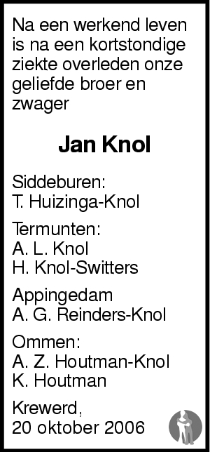 Jan Knol 20-10-2006 overlijdensbericht en condoleances - Mensenlinq.nl