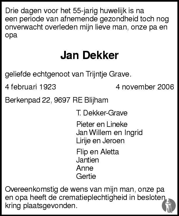Jan Dekker 04-11-2006 overlijdensbericht en condoleances - Mensenlinq.nl