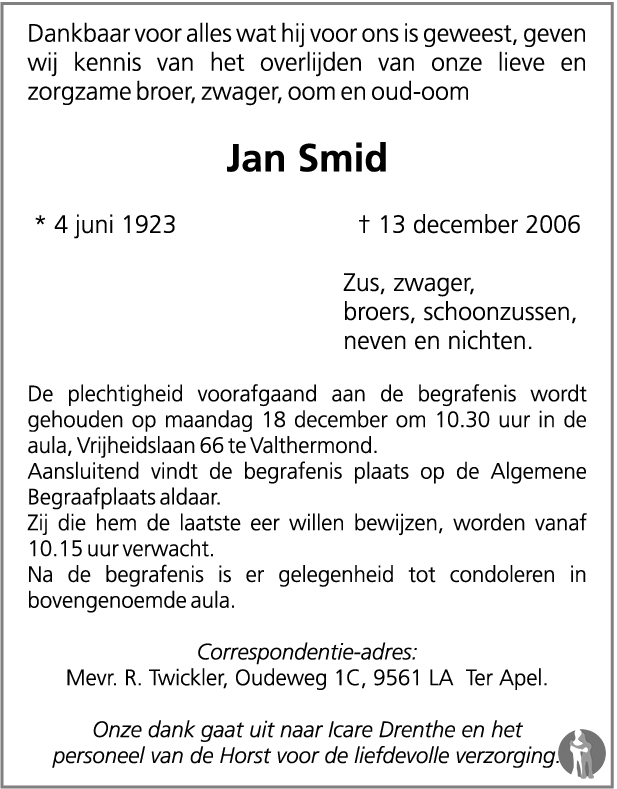 Jan Smid 13-12-2006 overlijdensbericht en condoleances - Mensenlinq.nl