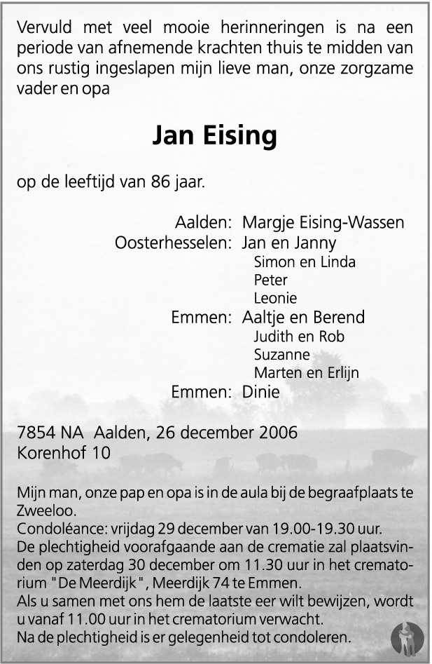 Jan Eising 26-12-2006 overlijdensbericht en condoleances - Mensenlinq.nl