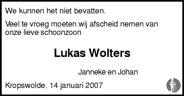 Lukas Gerhardus Wolters 14-01-2007 overlijdensbericht en condoleances - Mensenlinq.nl