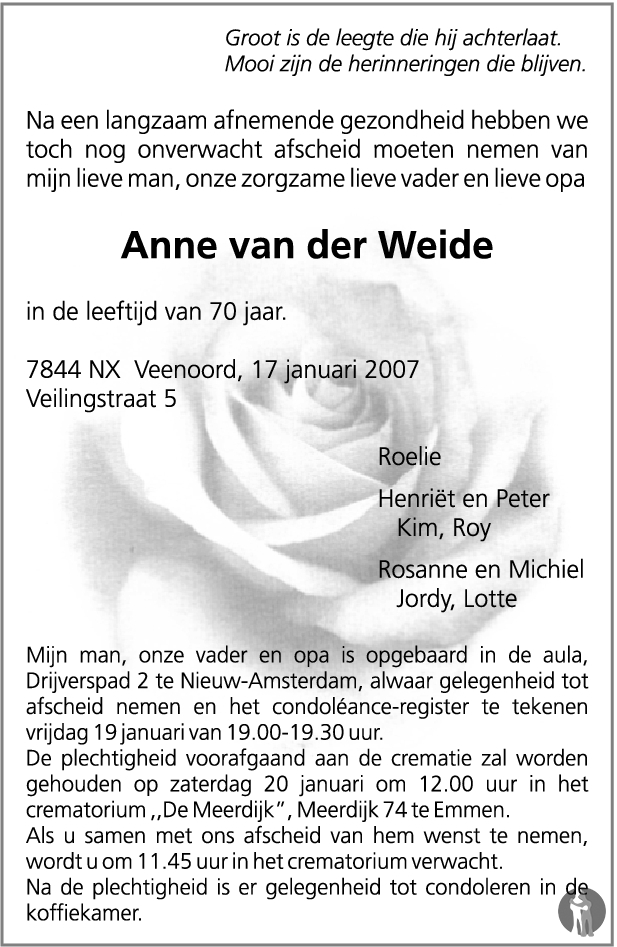 Anne van der Weide 17-01-2007 overlijdensbericht en condoleances ...