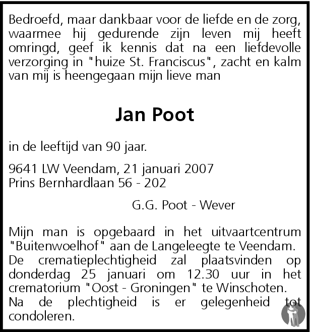 Jan Poot 21-01-2007 overlijdensbericht en condoleances - Mensenlinq.nl