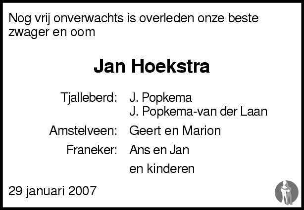Jan Hoekstra 29-01-2007 overlijdensbericht en condoleances - Mensenlinq.nl