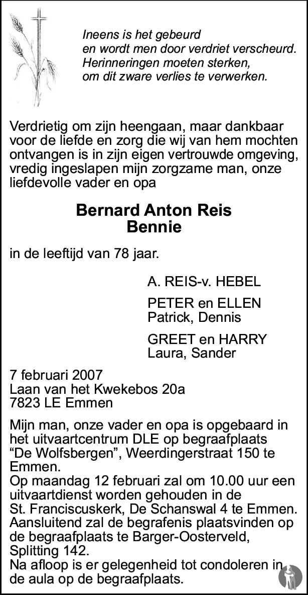 Bernard Anton (Bennie) Reis 07-02-2007 overlijdensbericht en ...
